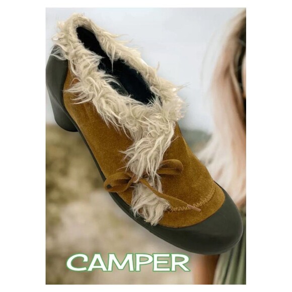 Camper | Shoes | Camper Minie Musgo Tan Suede Faux Fur Trim And Bow ...